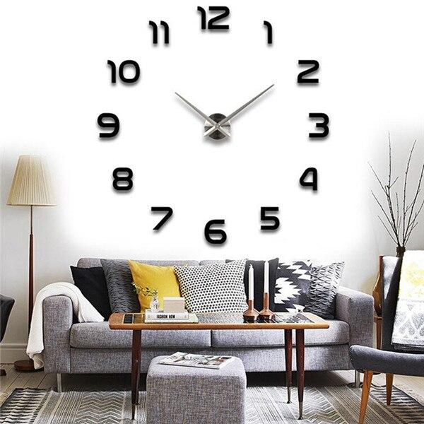 Home Office 3D Mirror Large Black Wall Clock Sticker Decal ...