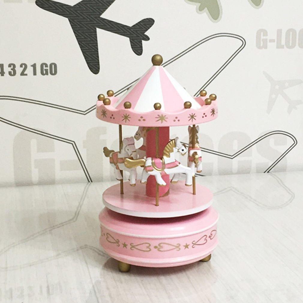 Vintage Pink Wooden Merry-Go-Round Horse Round Wooden Music Box Toy ...