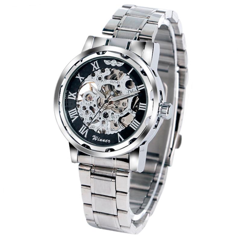 Roman Numerals Steampunk Skeleton Mechanical Stainless Steel Wrist Wat ...