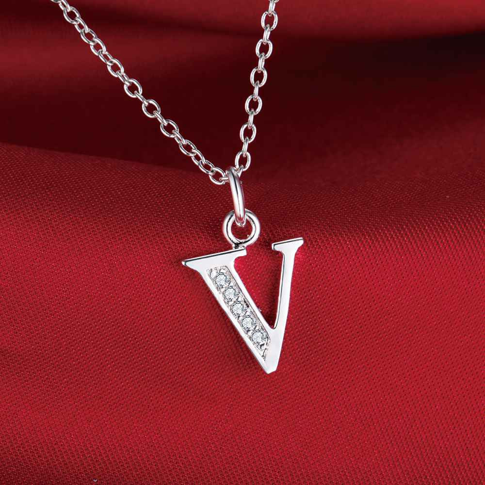 Letter V Bling Zircon Silver Plated Necklace for Women ...